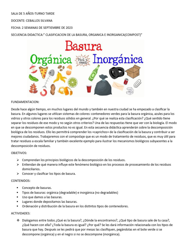 Secuencia Didactica Clasificacion de La Basura Organica e Inorganica | PDF | Residuos | Compost