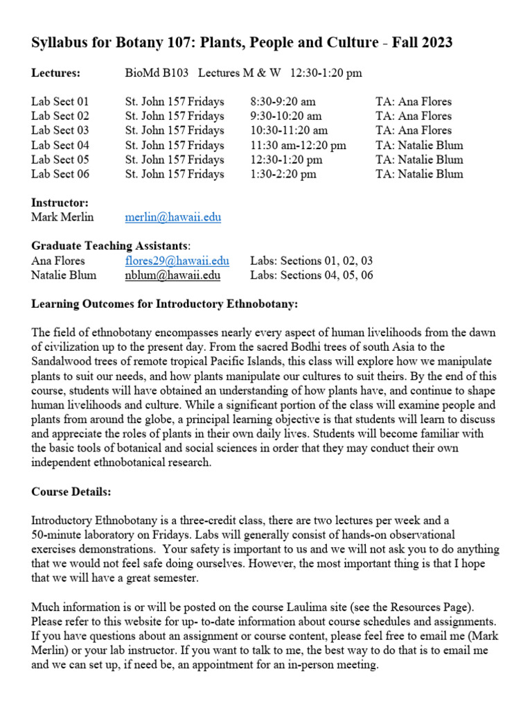 Botany 107 Syllabus Fall 2023 MMerlin Instructor | PDF | Academic ...