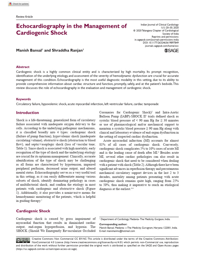 Bansal Ranjan 2020 Echocardiography in The Management of Cardiogenic Shock | PDF | Shock ...