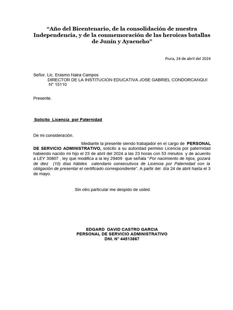 Solicito Permiso Por Paternidad 2024 | PDF | Derecho