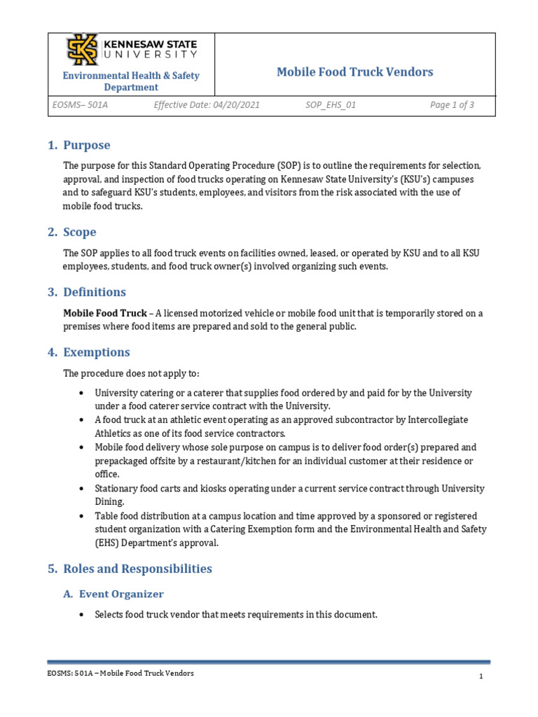 EOSMS 501A_SOP_FoodTruckSafety_Final_SOP_EHS_01 | PDF | Safety | Food Truck
