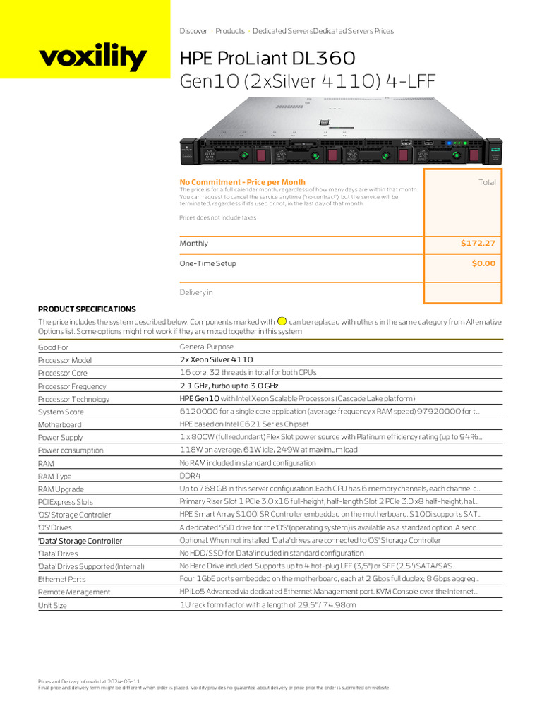 Voxility-bHPE ProLiant DL360b BrGen10 2xsilver 4110 4-LFF | PDF | Solid State Drive | Central ...