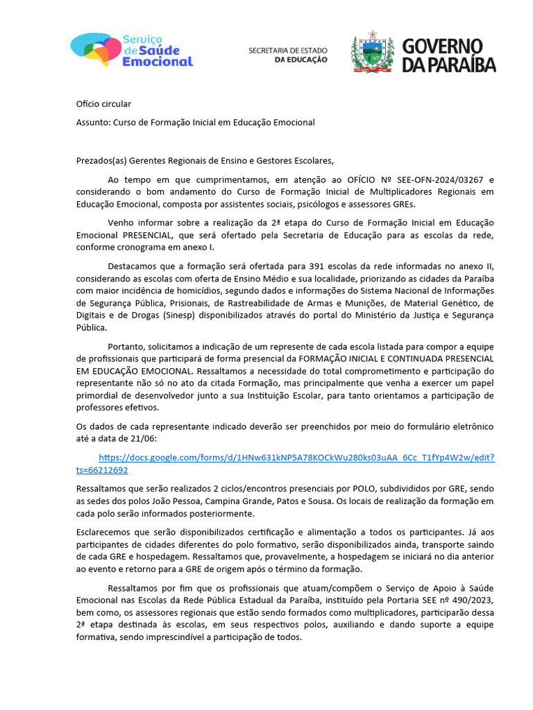 Ofício Circular Minuta - GREs 1 | PDF | Pedagogia | Escolas