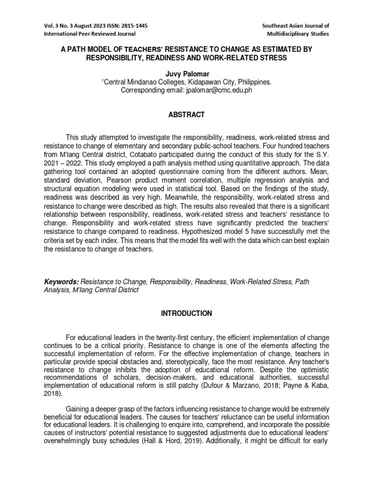 A Path Model of Teachers' Resistance To Change As Estimated by ...