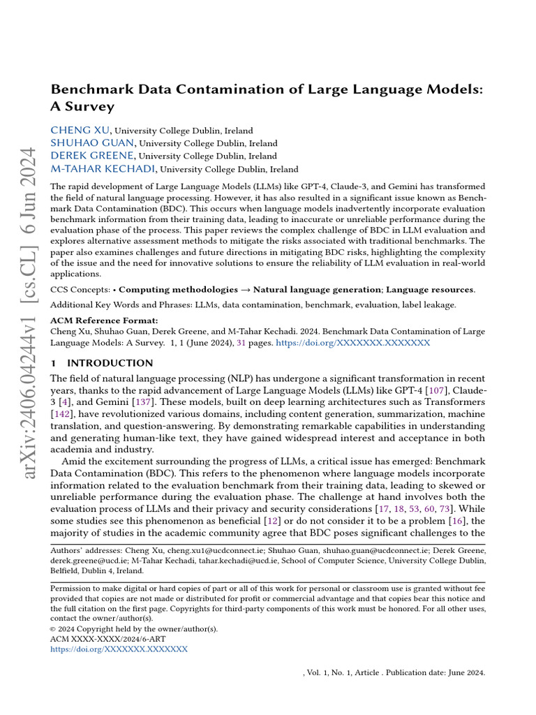 Benchmark Data Contamination of Large Language Models: A Survey | PDF | Evaluation | Learning