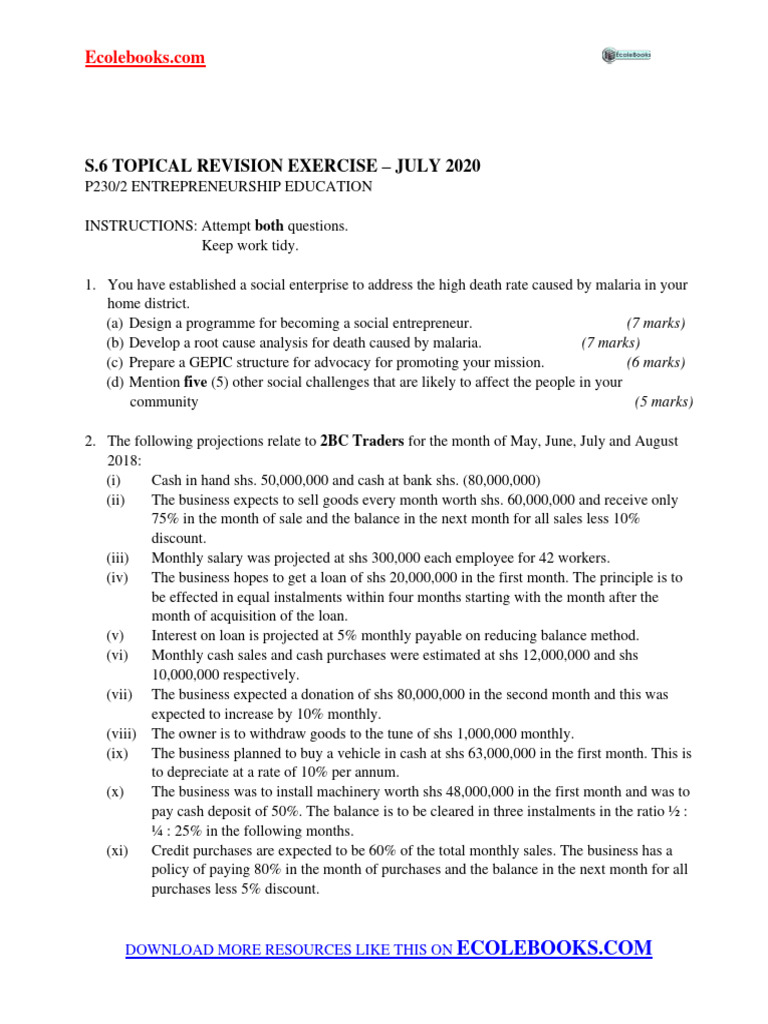 S.6 Entre. Exercise July 2020 Revision Past Papers | PDF | Entrepreneurship | Economies