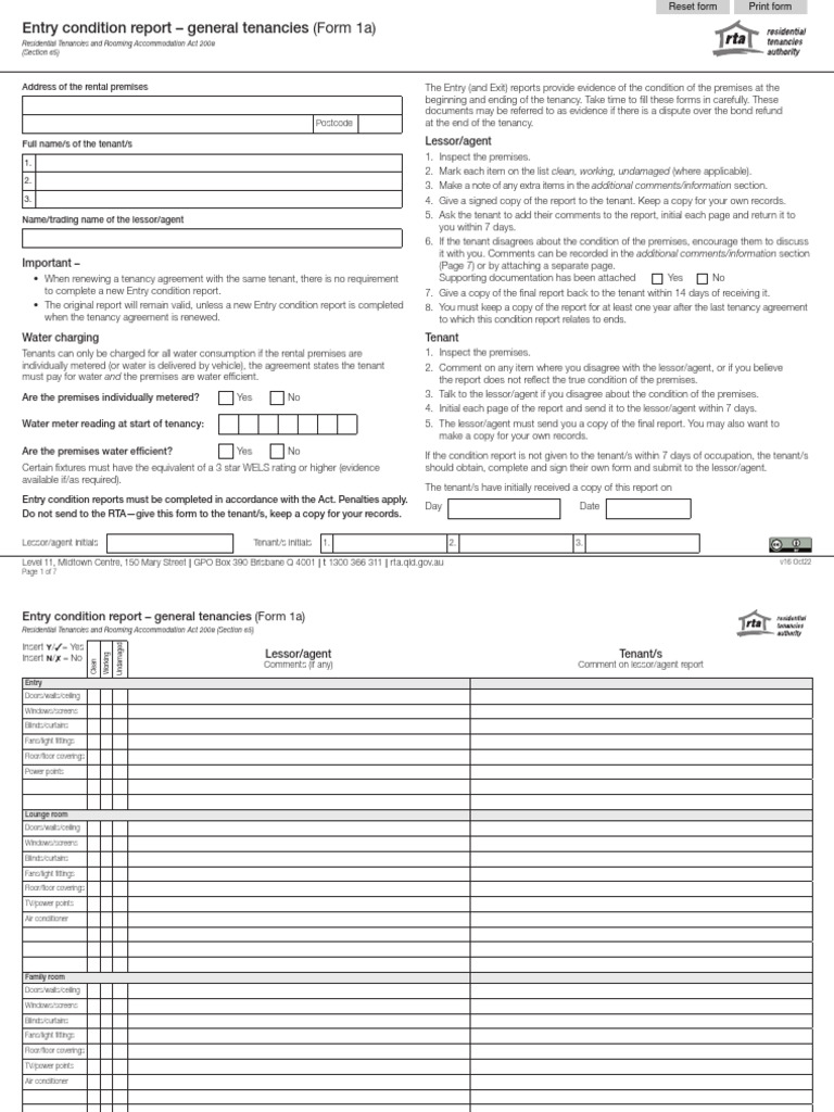 Form 1a Entry Condition Report General Tenancies | PDF | Lease ...