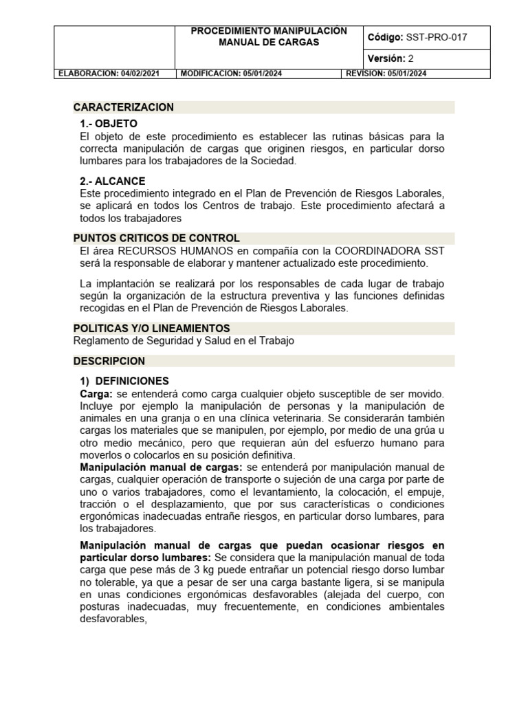 32. SST-PRO-017 MANIPULACIÓN MANUAL DE CARGAS MAN | Descargar gratis PDF | Factores humanos y ...