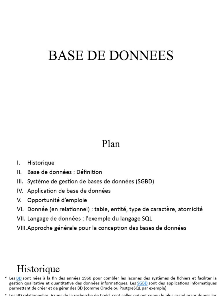 Présentation BASE DE DONNEES | PDF | Bases de données | Application
