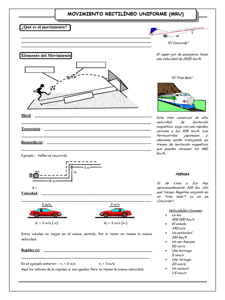 Ficha Movimiento Rectilíneo Uniforme Mru | PDF | Velocidad | Tren