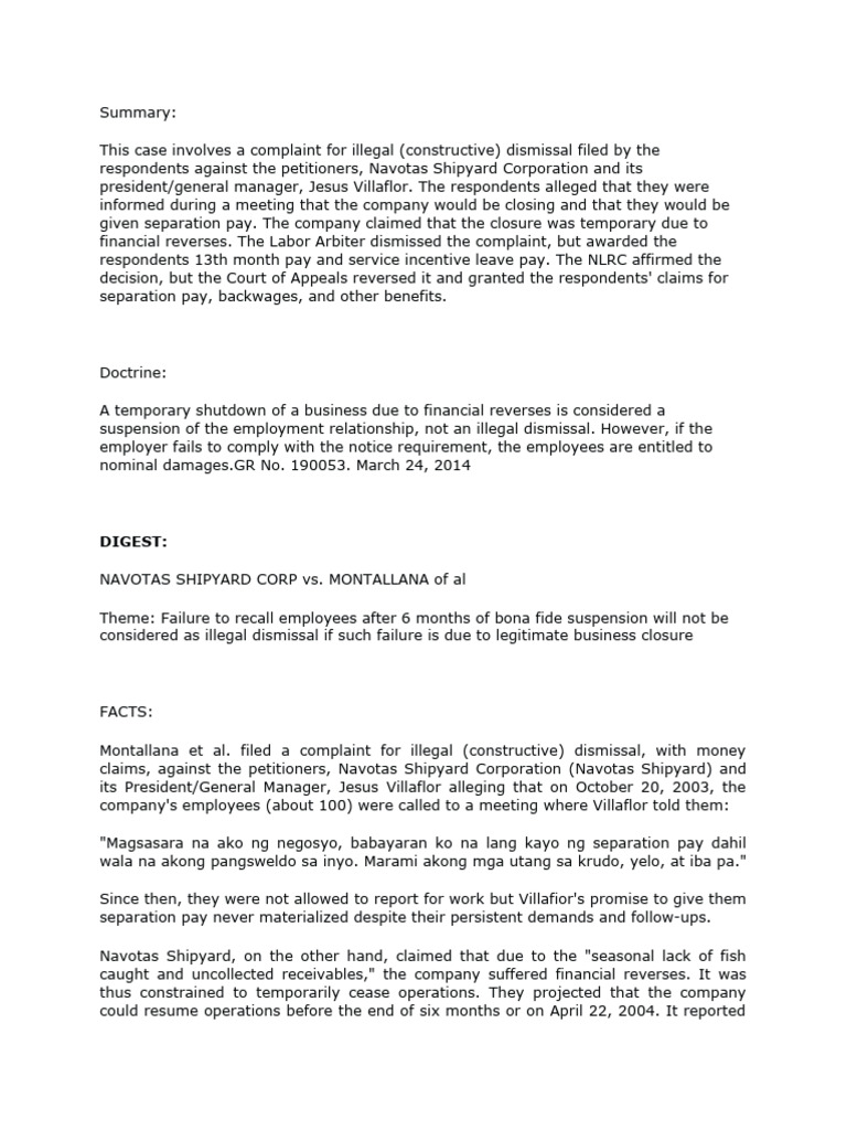 Navotas Shipyard Dismissal Case Summary | PDF | Employment | Layoff