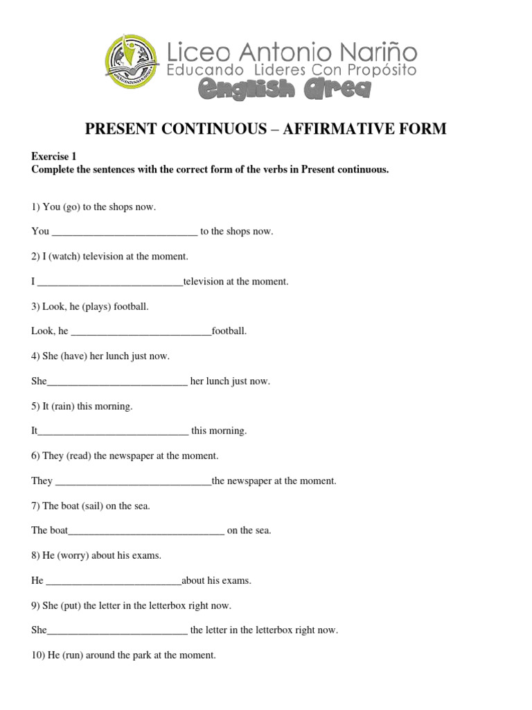 Present Continuous Affirmative Form | PDF