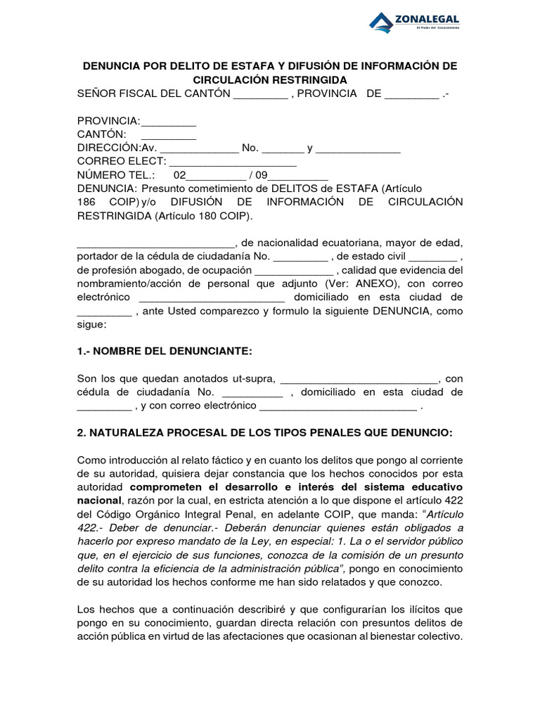 Denuncia Por Delito de Estafa y Difusion de Informacion de Circulacion ...