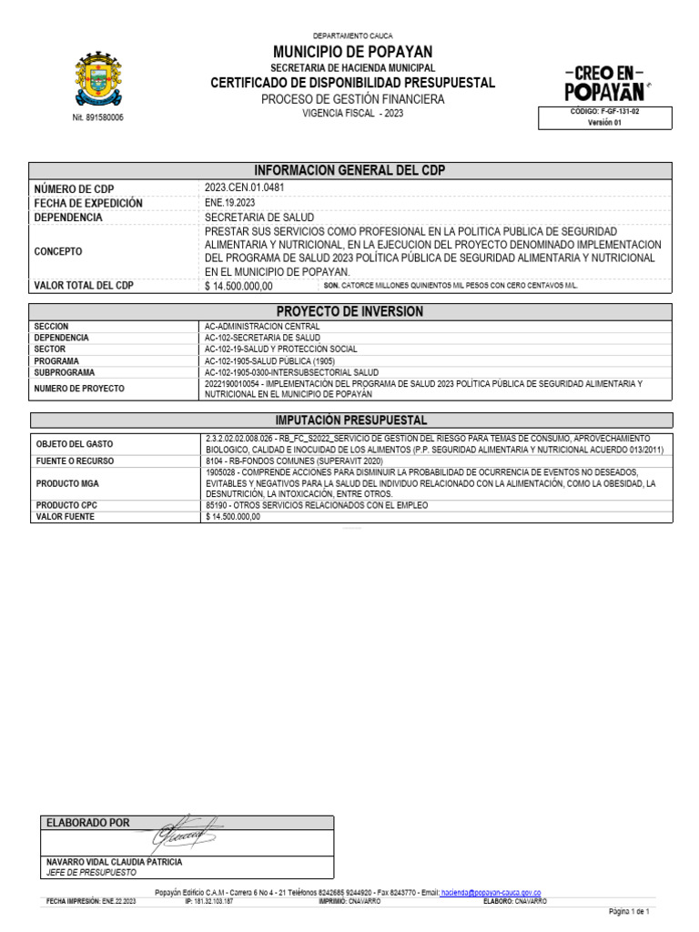 Certificado de Disponibilidad Presupuestal (F-GF-PPTO-03) | PDF | Economias