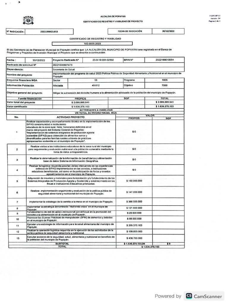 Certificado de Registro y Viabilidad de Proyecto (F-DPE-BP-03) | PDF