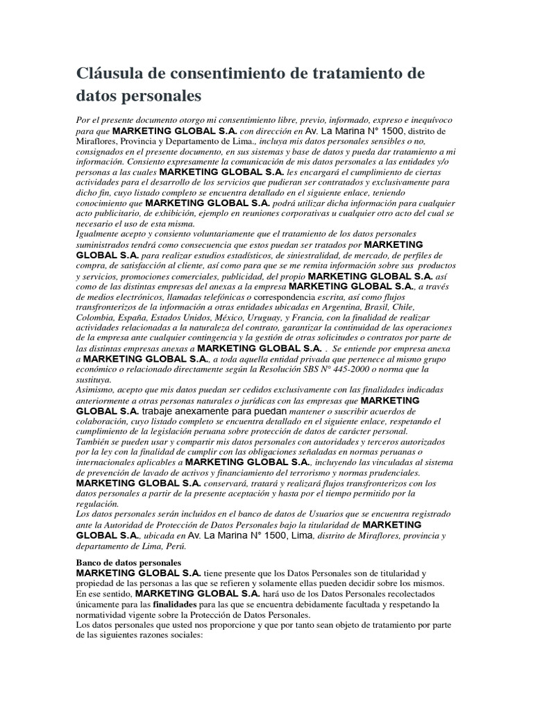 Cláusula de consentimiento de tratamiento de datos personales | Descargar gratis PDF | Marketing ...
