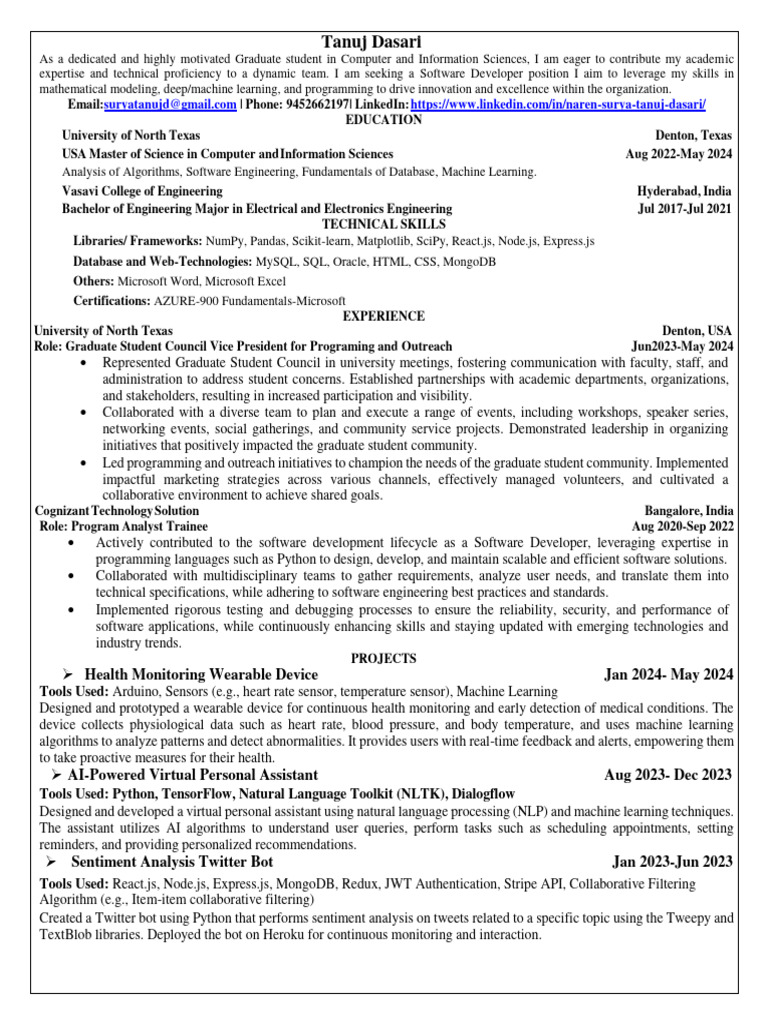Software Developer Naren Surya Tanuj Dasari Resume | PDF | Machine Learning | Software