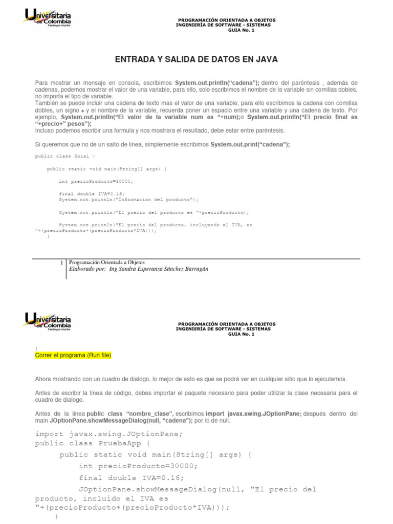 Guia1 POO | PDF | Objeto (informática) | Java (lenguaje de programación)