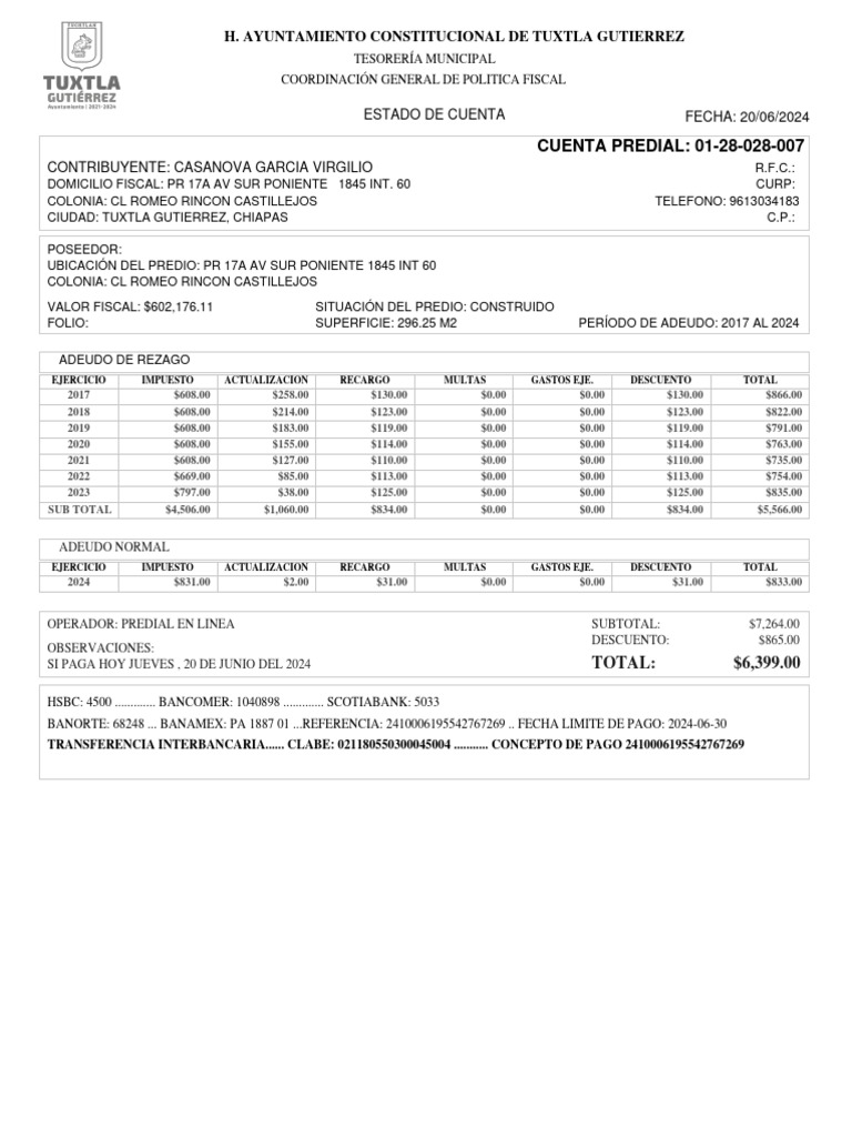CUENTA PREDIAL: 01-28-028-007: FECHA: 20/06/2024 Estado de Cuenta | PDF