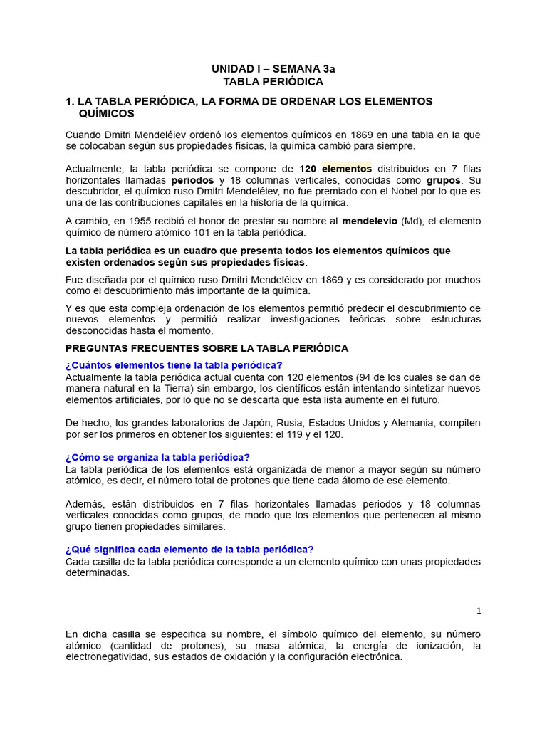 Unidad I Semana 3a - Tabla Periodica PDF | PDF | Tabla periódica | Elementos químicos