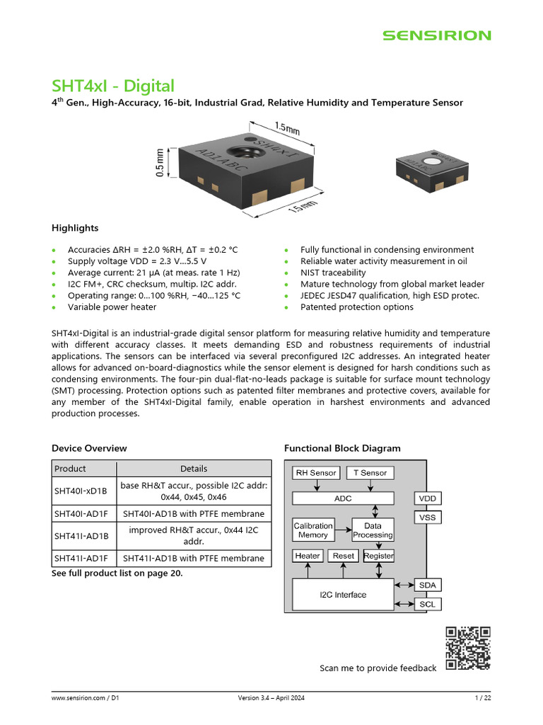 HT DS Datasheet SHT4xI-Digital | PDF | Humidity | Sensor