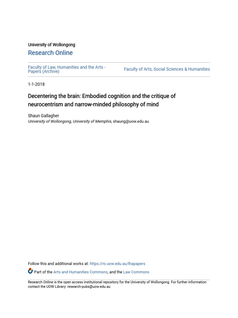 Decentering The Brain - Embodied Cognition and The Critique of Neu | PDF | Embodied Cognition ...