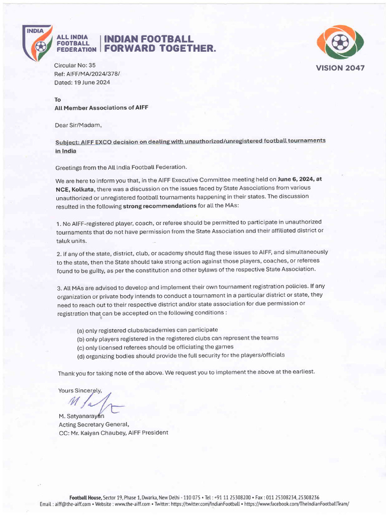 AIFF Letter - Unauthorised Football Tournaments | PDF | Finance & Money ...