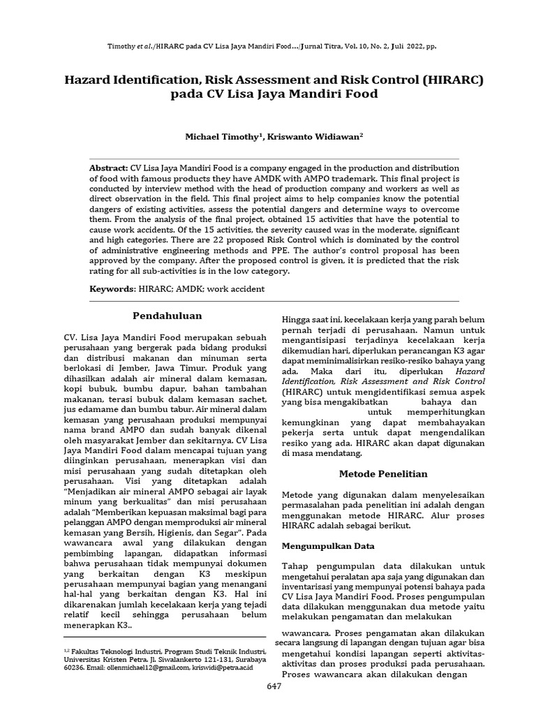 HIRARC di CV Lisa Jaya Mandiri Food | PDF