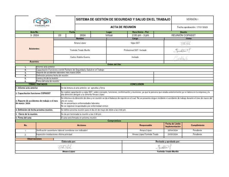Acta Reunión COPASST - Marzo 2024 | PDF