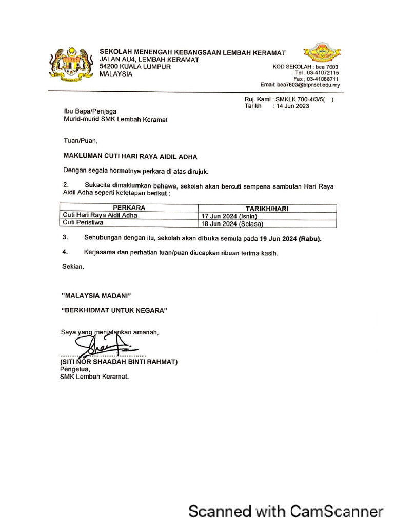 Surat Pemakluman Cuti Raya Haji | PDF