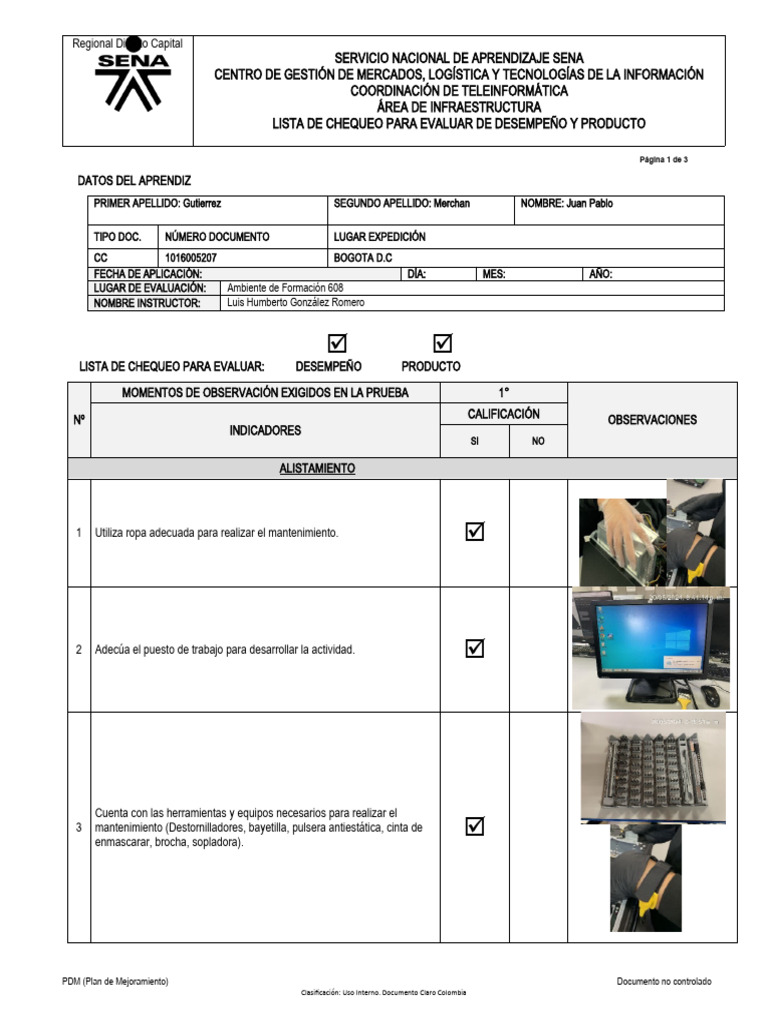 Taller 1. Lista de Chequeo del Taller 1 Alistamiento, Ensamble y ...