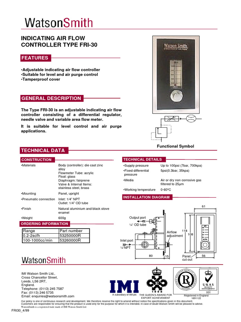 Watson Smith Type20300D | PDF | Valve | Flow Measurement