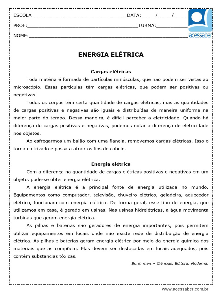 Atividade de Ciencias Energia Eletrica 5 Ano Respostas | PDF | Eletricidade | Carga elétrica