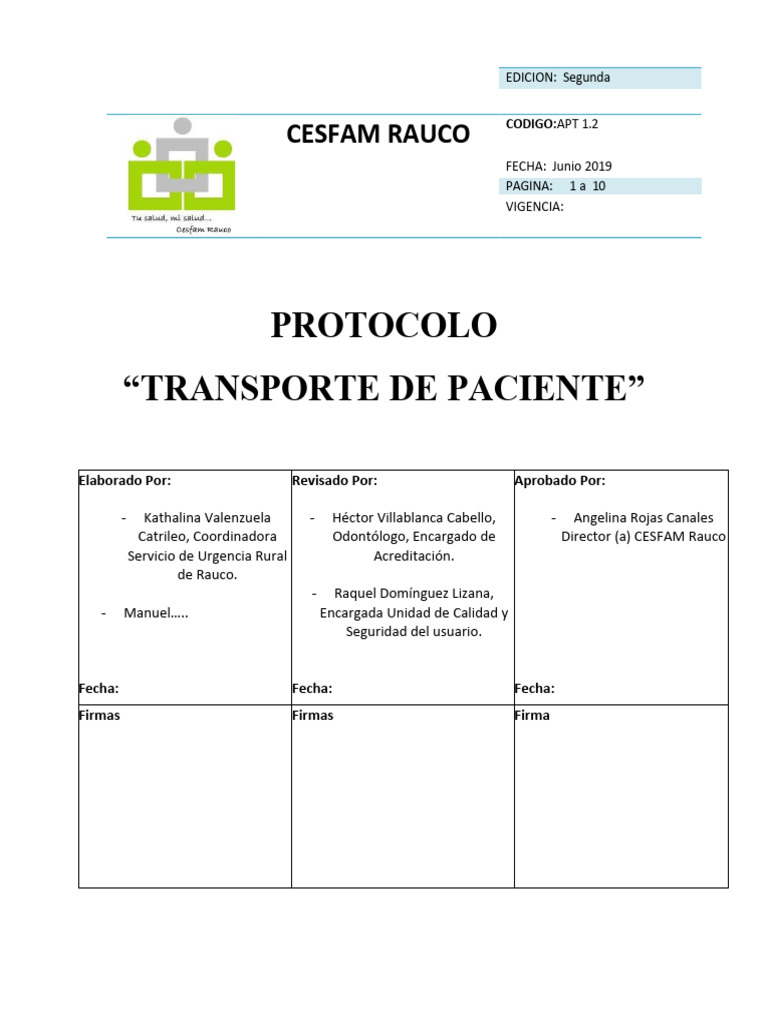 PROTOCOLO TRANSPORTE DE PACIENTES | PDF | Ambulancia | Reanimación ...
