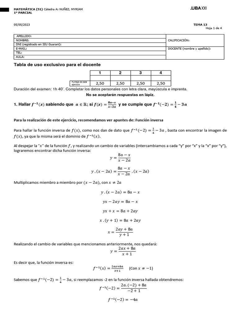 Respuestas - Primer Parcial Matematica 51 Cuarto Turno Tema 13 05-05-2023 | PDF | Función ...