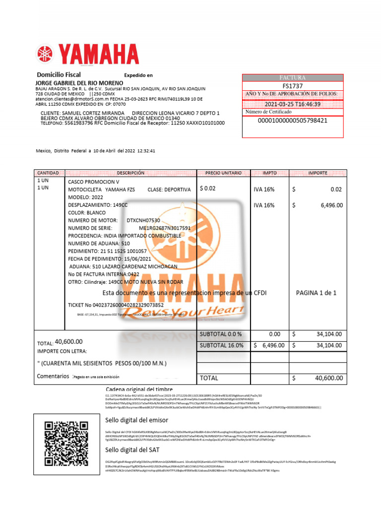 Yamaha 2022 Factura | PDF