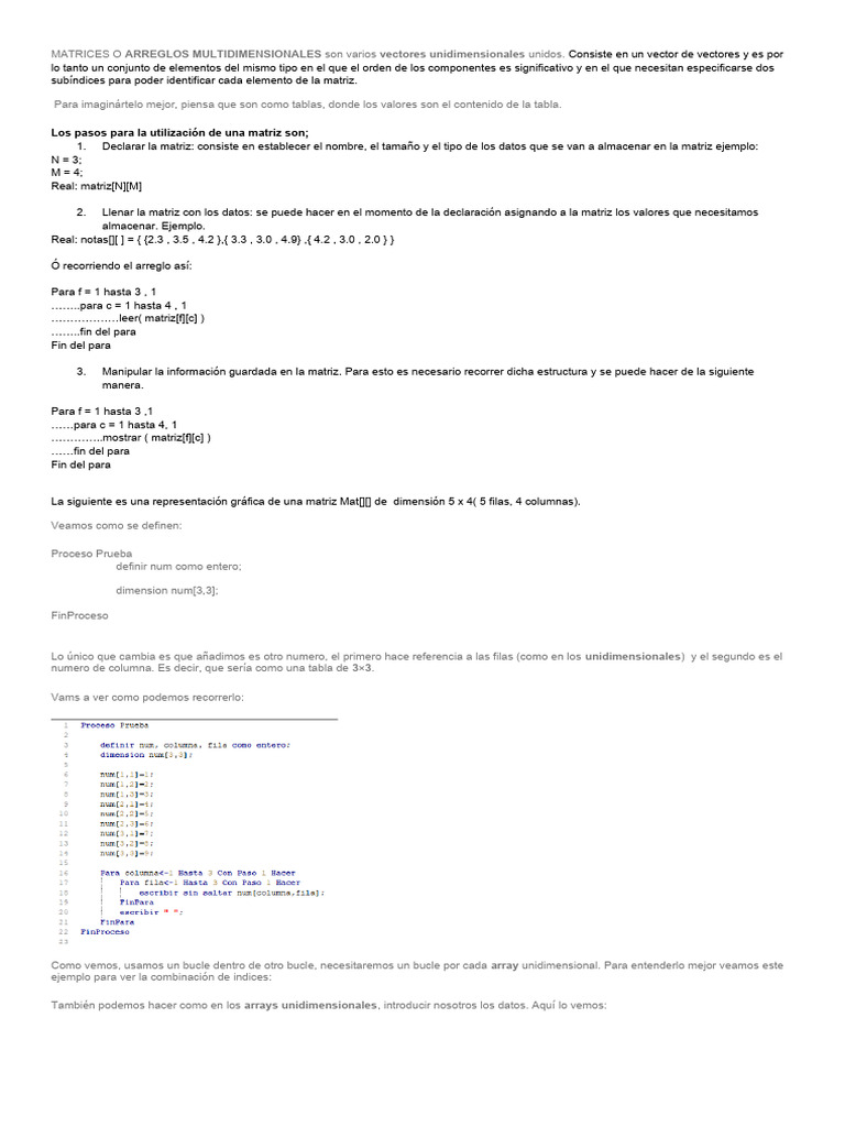 Matrices en Algoritmo | PDF | Programación de computadoras | Algoritmos y Estructuras de Datos