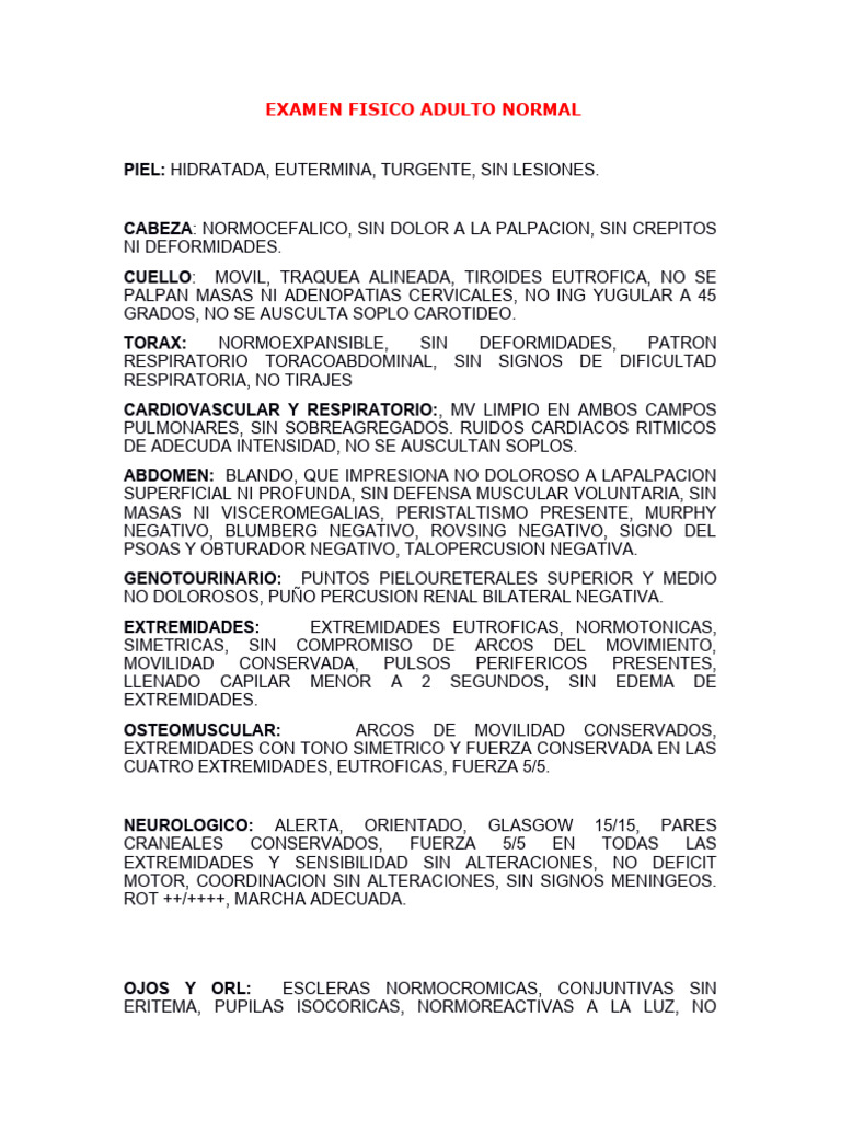 Examen Físico Completo Normal | PDF | Medicina CLINICA | Anatomía