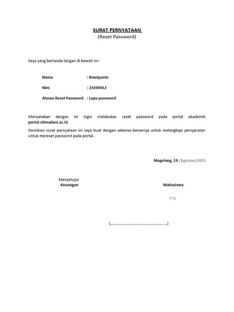 Surat Pernyataan Reset Password | PDF