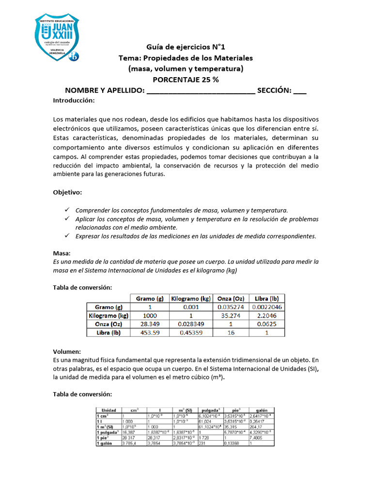 Guía de Estudio N°1 (MASA, VOLUMEN, TEMPERATURA) 25 % | PDF ...