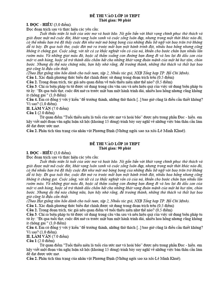 ĐỀ THI VÀO LỚP 10 THPT | PDF