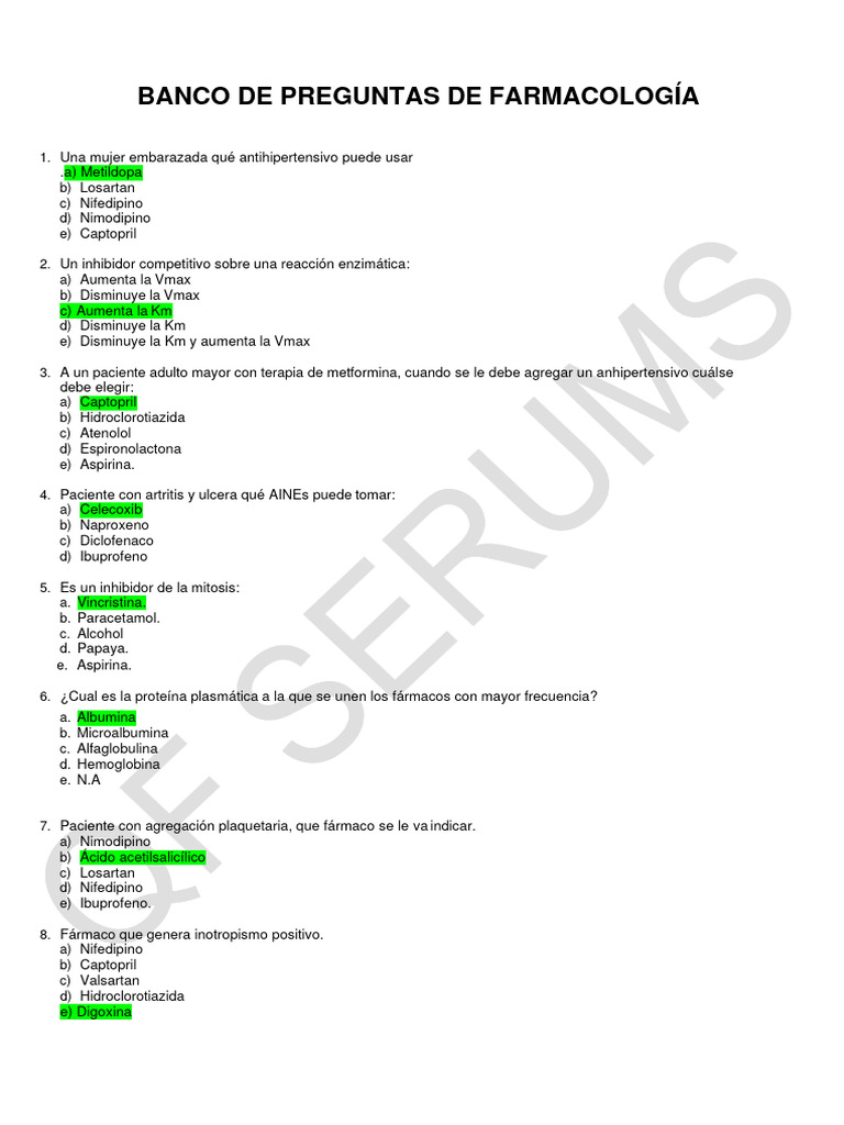 BANCO DE PREGUNTAS DE FARMACOLOGÍA | PDF | Medicamentos con receta | Farmacocinética