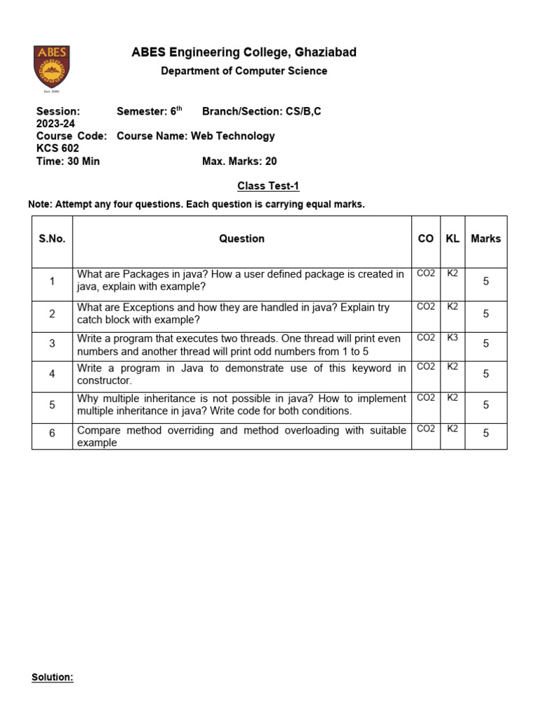 Class Test 1 Solution Pdf Java Programming Language Class 8091
