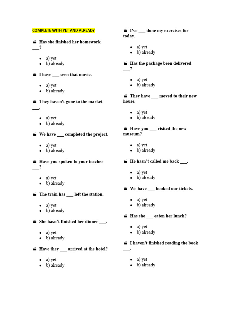 Complete With Yet and Already - Present Perfect | PDF