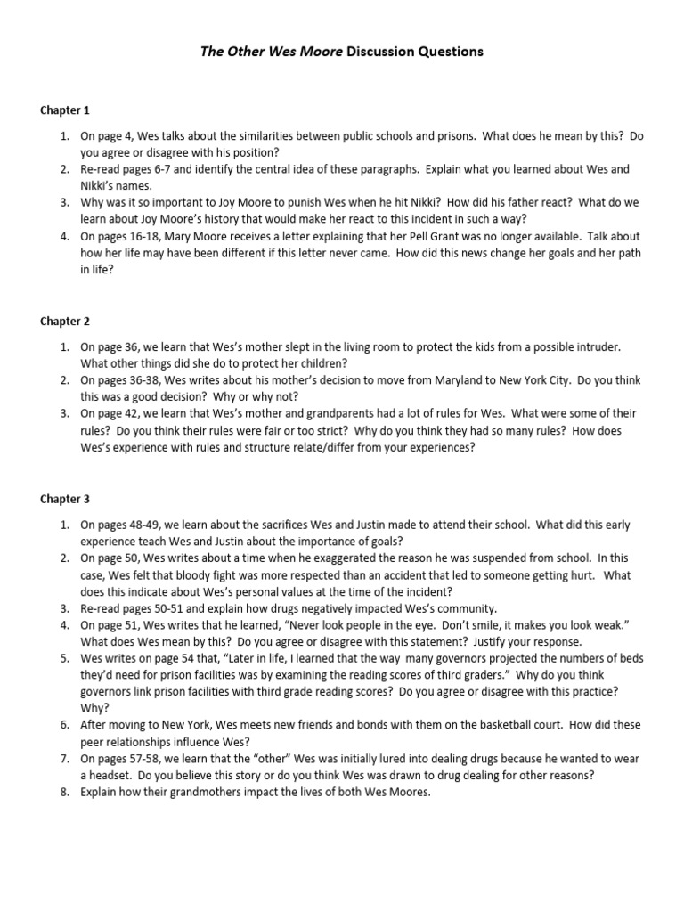 Discussion Questions for "The Other Wes Moore" | PDF | Social Science ...