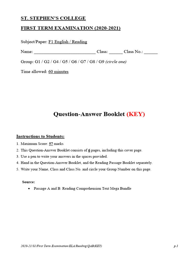 2020-2021 - S1 - First Term Examination - ELA - Reading - QAB (KEY ...