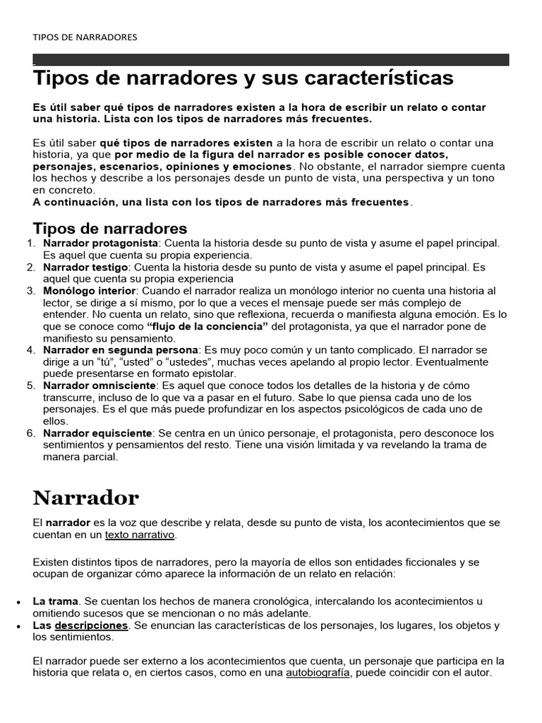 Tipos De Narradores Pdf Narración