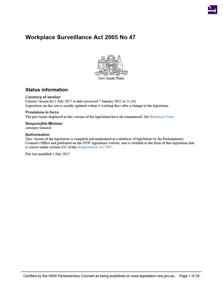 Workplace Surveillance Act 2005 | PDF | Surveillance | Employment