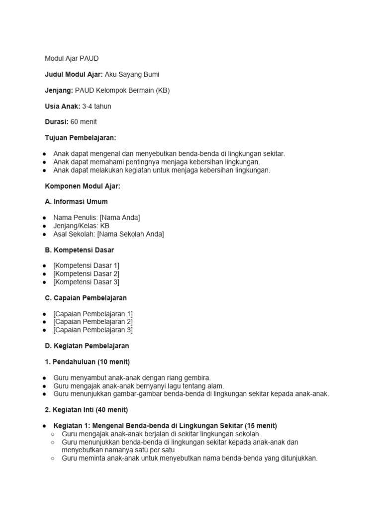 Buatkan Modul Ajar Aku Sayang Bumi Untuk Usia Pau... | PDF | Karier & Perkembangan