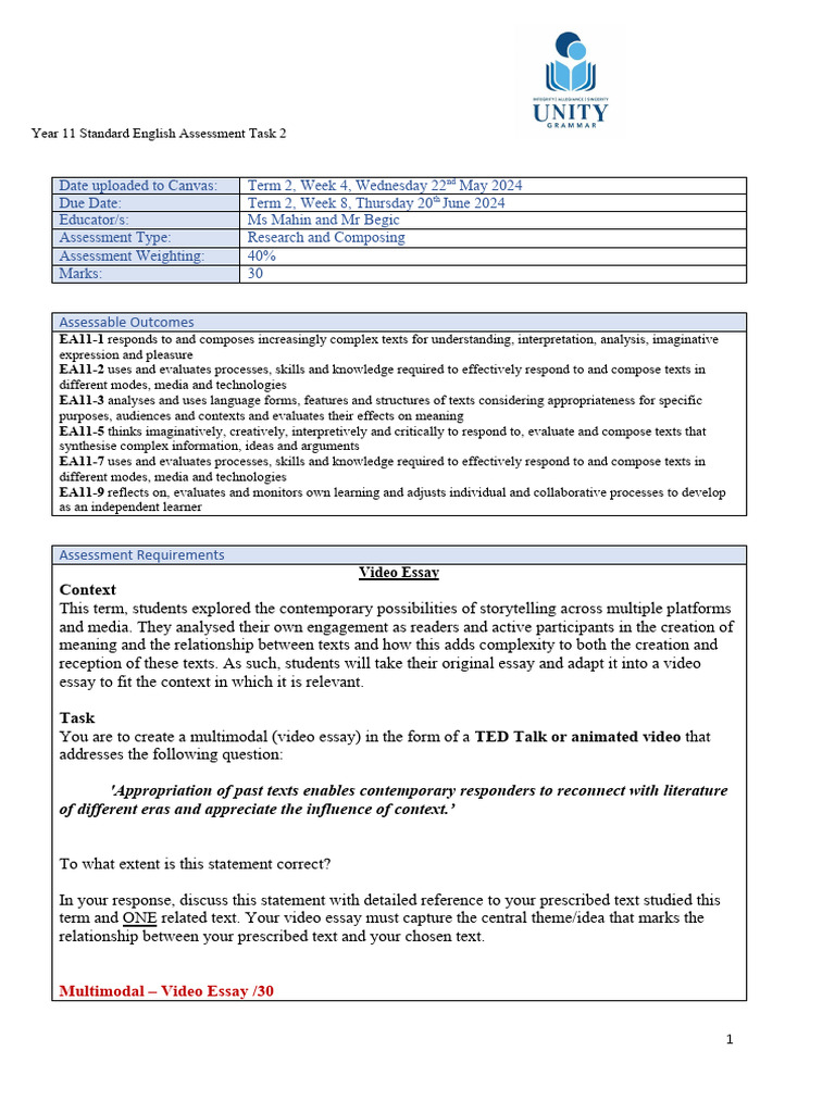 Year 11 Standard Assessment Task 2 | PDF | Essays | Human Communication